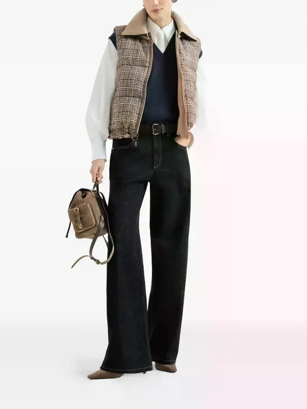Brunello Cucinelli Reversible Down Vest With Detachable Leather Collar And Monili - Neutrals