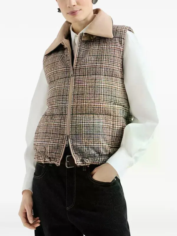 Brunello Cucinelli Reversible Down Vest With Detachable Leather Collar And Monili - Neutrals