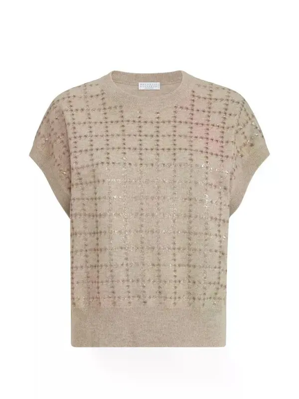 Brunello Cucinelli Cashmere Knit T-shirt With Embroidered Windowpane Detail - Neutrals