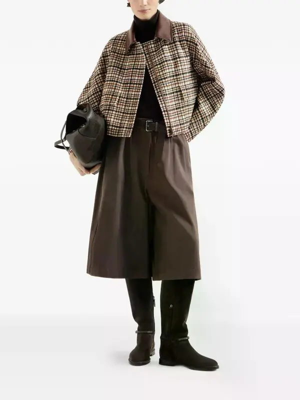 Brunello Cucinelli Checked Wool And Alpaca Jacket With Leather Collar And Monili - Neutrals