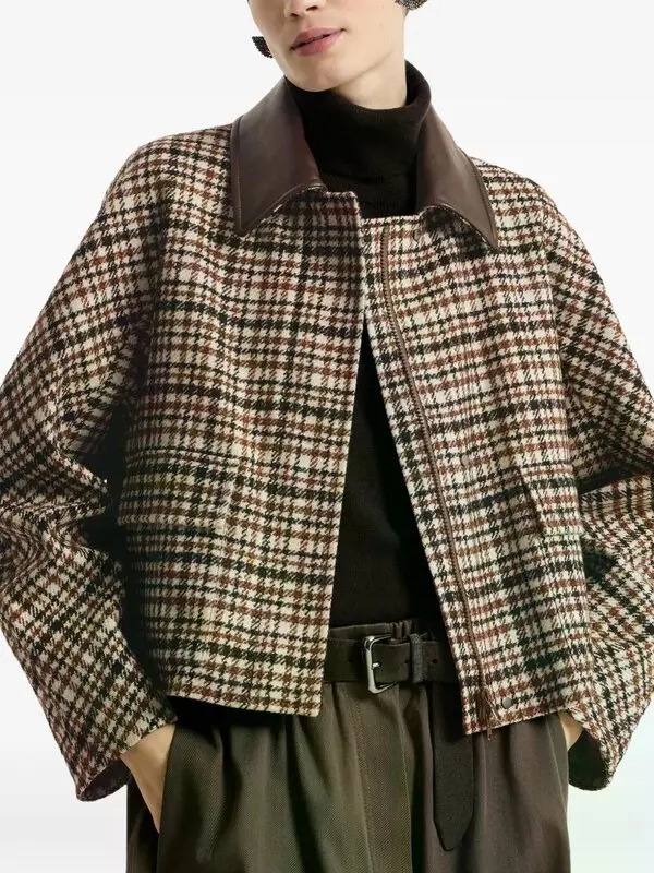 Brunello Cucinelli Checked Wool And Alpaca Jacket With Leather Collar And Monili