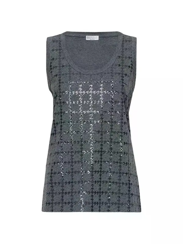 Brunello Cucinelli Cotton Jersey Top With Windowpane Embroidery - Grey