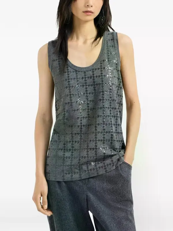 Brunello Cucinelli Cotton Jersey Top With Windowpane Embroidery