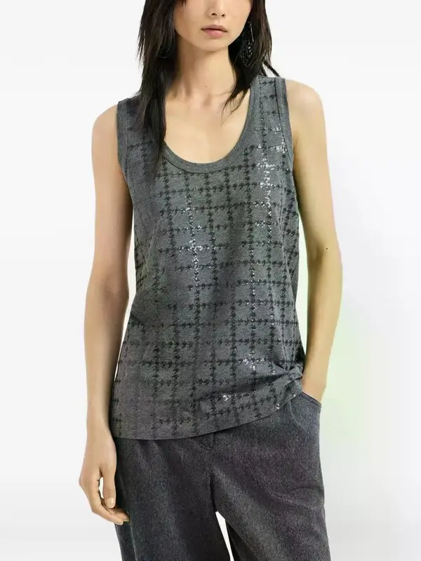 Brunello Cucinelli Cotton Jersey Top With Windowpane Embroidery - Grey