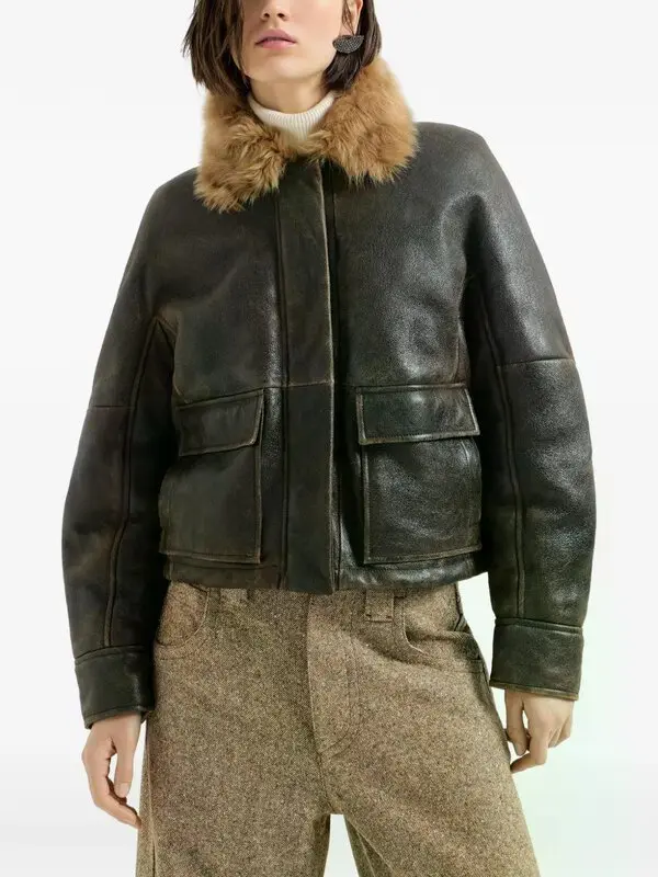 Brunello Cucinelli Shearling Aviator Jacket With Monili