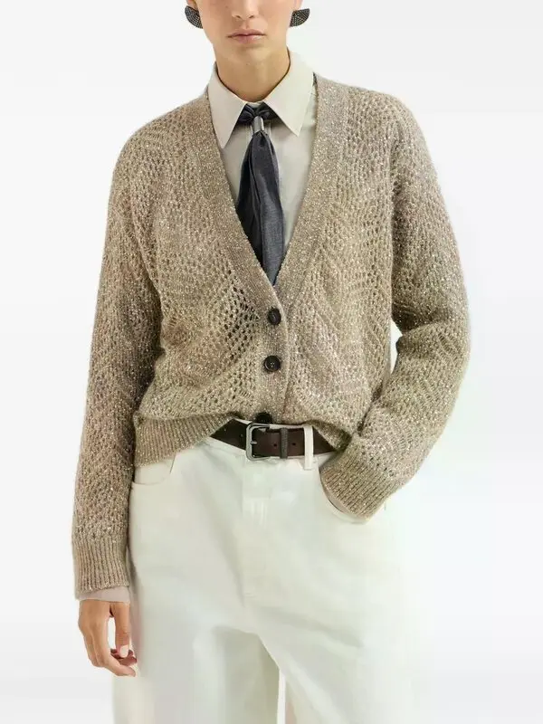 Brunello Cucinelli Abstract Leaf Mohair And Wool Cardigan - Neutrals