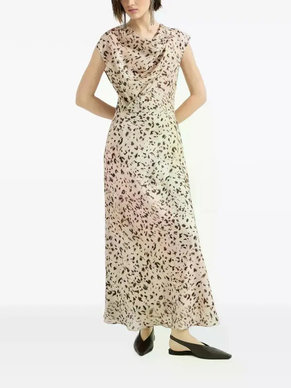 Brunello Cucinelli Lynx-print Silk Pongee Draped Dress With Monili - Neutrals