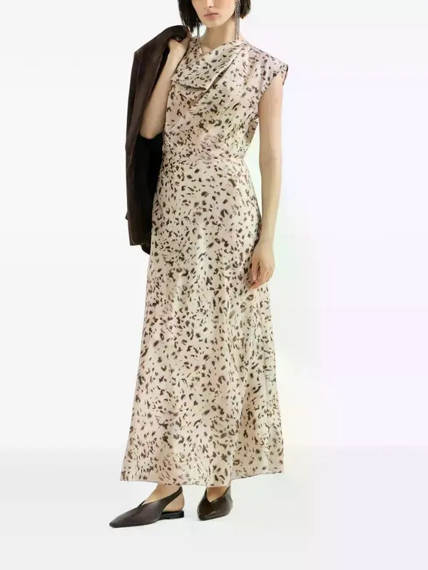 Brunello Cucinelli Lynx-print Silk Pongee Draped Dress With Monili - Neutrals