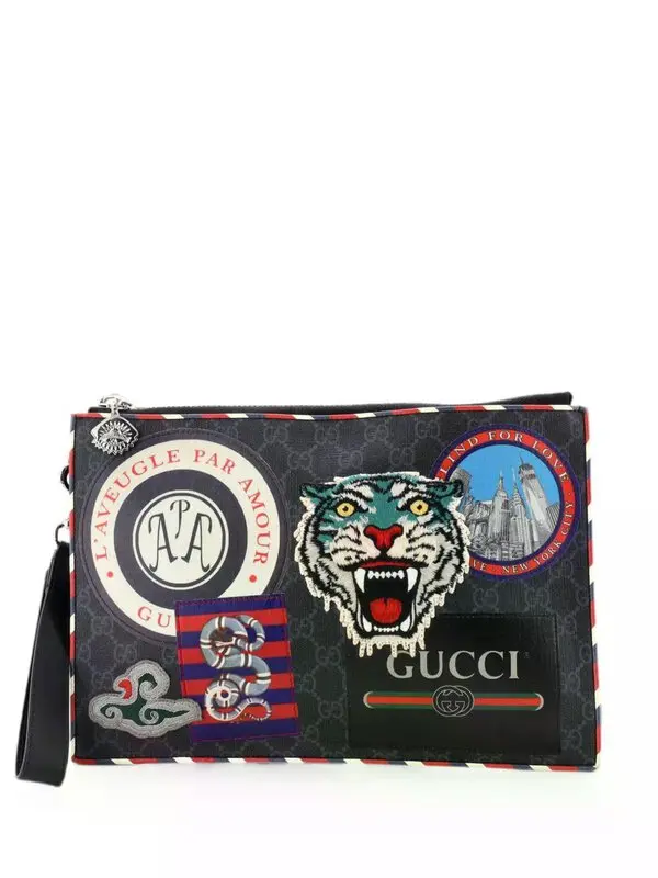 Gucci Night Courrier Pouch Gg Coated Canvas With Applique Clutch Bag - Black
