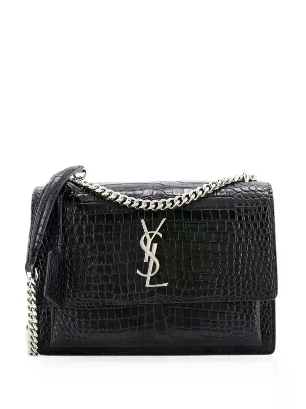 Saint Laurent Medium Sunset Crocodile Embossed Leather Bag - Black