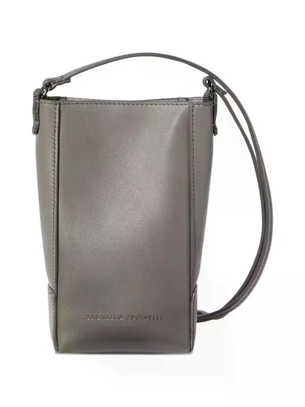 Brunello Cucinelli Bc Duo Phone Holder In Calfskin With Monili - Grey