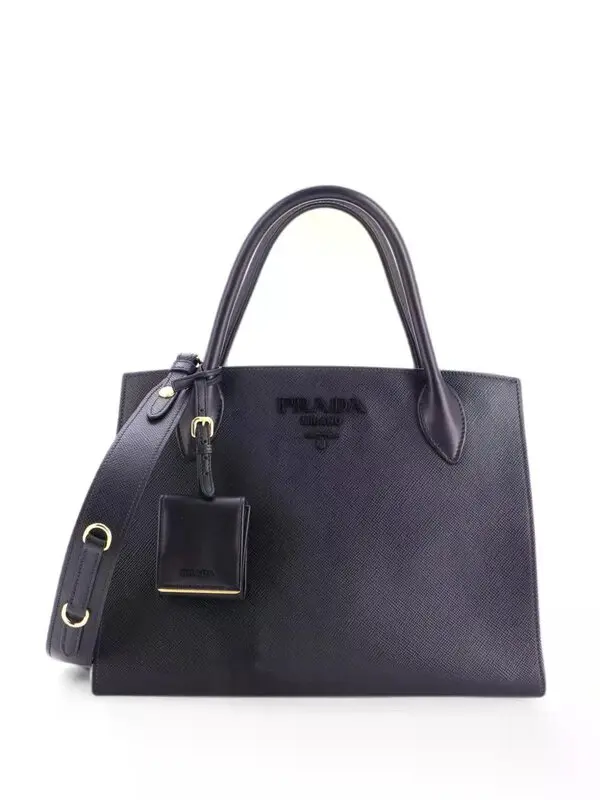 Prada Monochrome Saffiano With City Calf Medium Tote Bag - Black