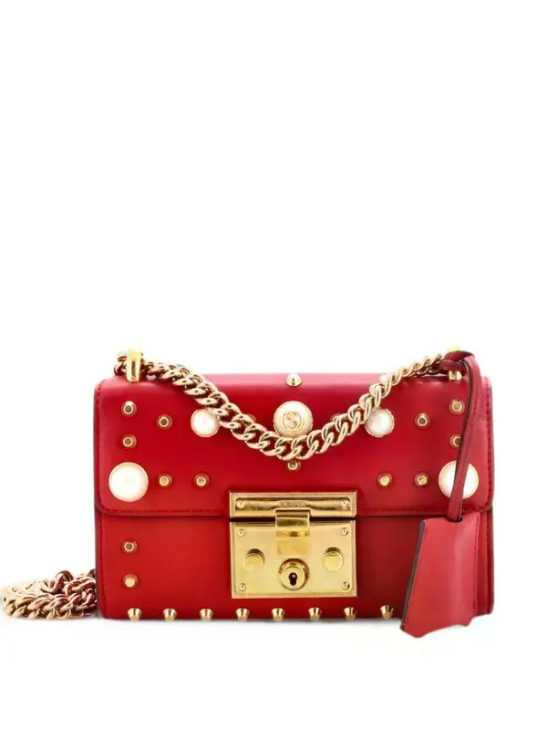 Gucci Pearly Padlock Studded Leather Small Shoulder Bag - Red