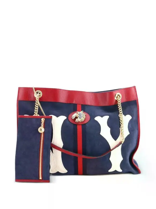 Gucci Rajah Chain Suede Applique Large Tote Bag - Blue