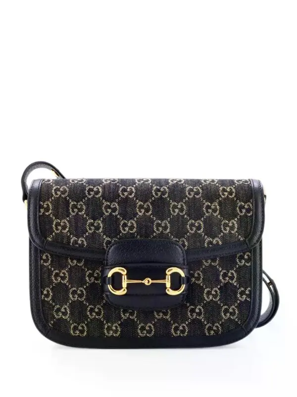 Gucci Horsebit 1955 Gg Denim Small Shoulder Bag - Black