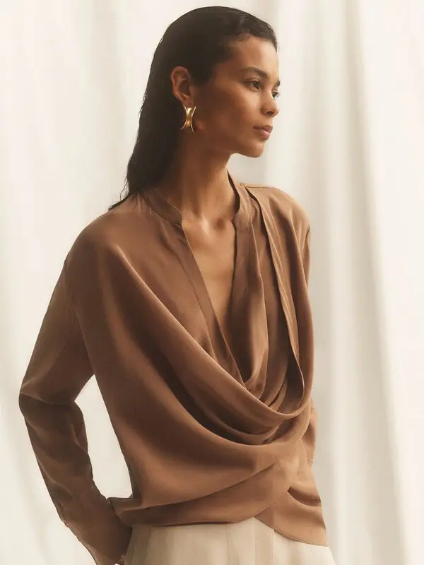 REISS Lauren Matte Silk Draped Shirt - Camel