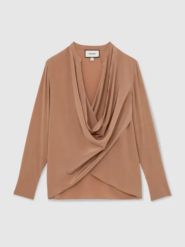 REISS Lauren Matte Silk Draped Shirt - Camel