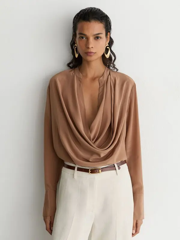 REISS Lauren Matte Silk Draped Shirt - Camel