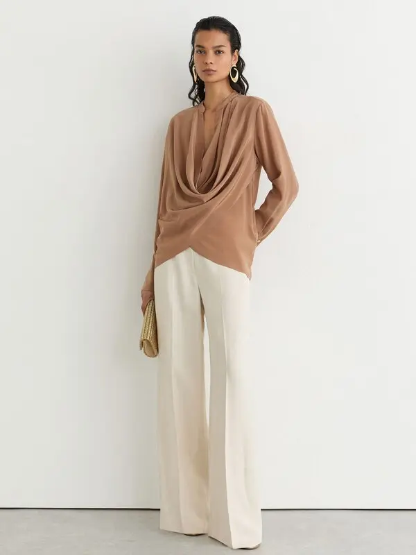 REISS Lauren Matte Silk Draped Shirt - Camel