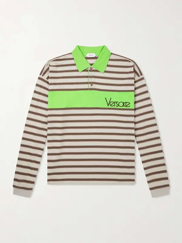 Versace Polo Striped Cotton Jersey Polo Shirt - Beige