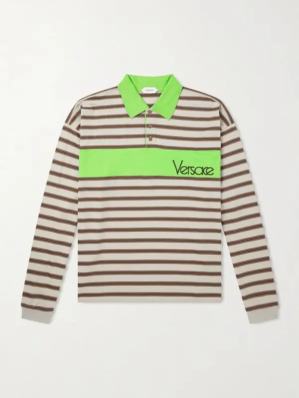 Versace Polo Striped Cotton Jersey Polo Shirt - Neutrals