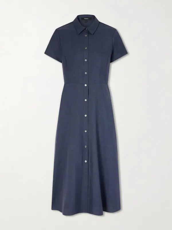 Theory Belted Pleated Satin Midi Dress - Blue