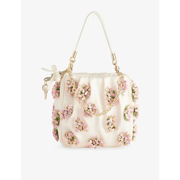 SELF-PORTRAIT Embellished Satin Bucket Bag - Cream