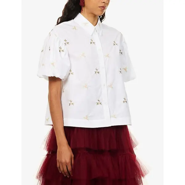 Simone Rocha Crop Embroidered-rosebud Lace Cotton Shirt