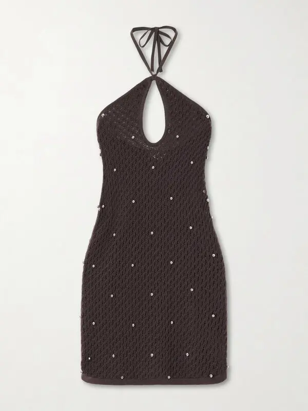 Staud Isola Embellished Crocheted Cotton Halterneck Mini Dress - Brown