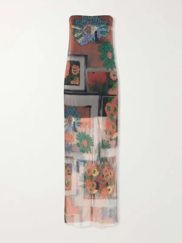 Staud Liliana Beaded Printed Tulle Maxi Dress - Multi