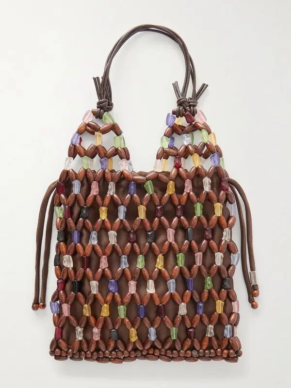 Staud Kelly Beaded Wood And Glass Satin Tote With Leather Trim - Brown