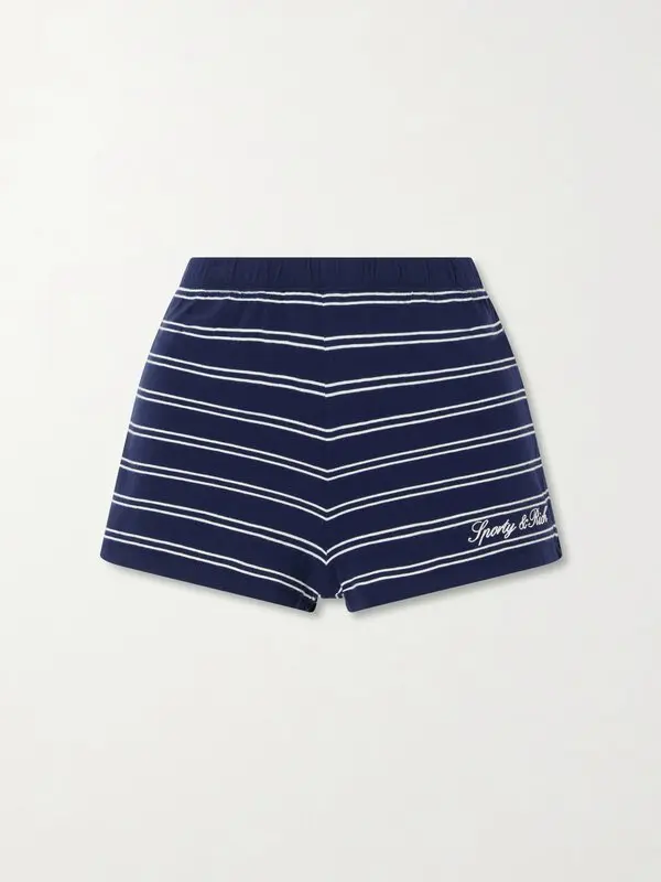 Sporty & Rich Logo-embroidered Striped Cotton-jersey Shorts - Blue