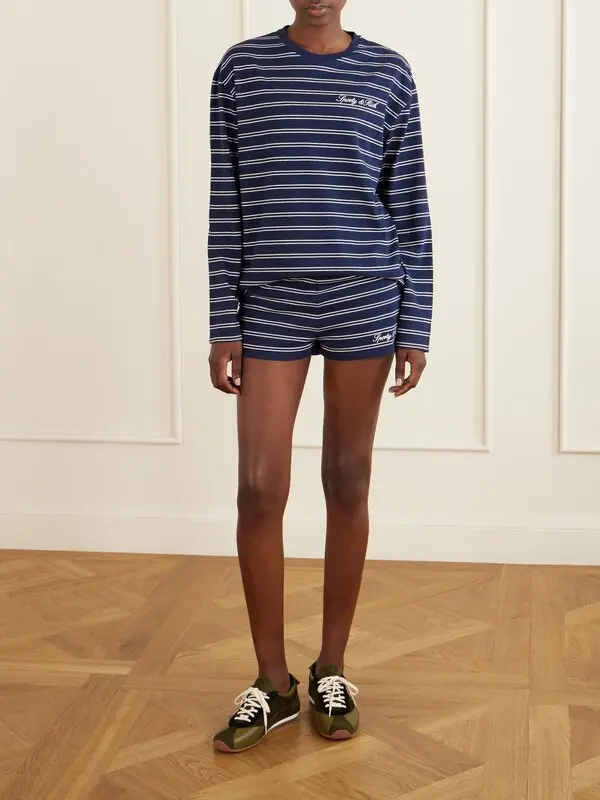 Sporty & Rich Logo-embroidered Striped Cotton-jersey Shorts - Blue