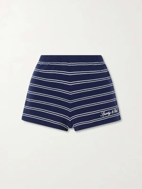 SPORTY & RICH Logo-embroidered Striped Cotton-jersey Shorts - Navy