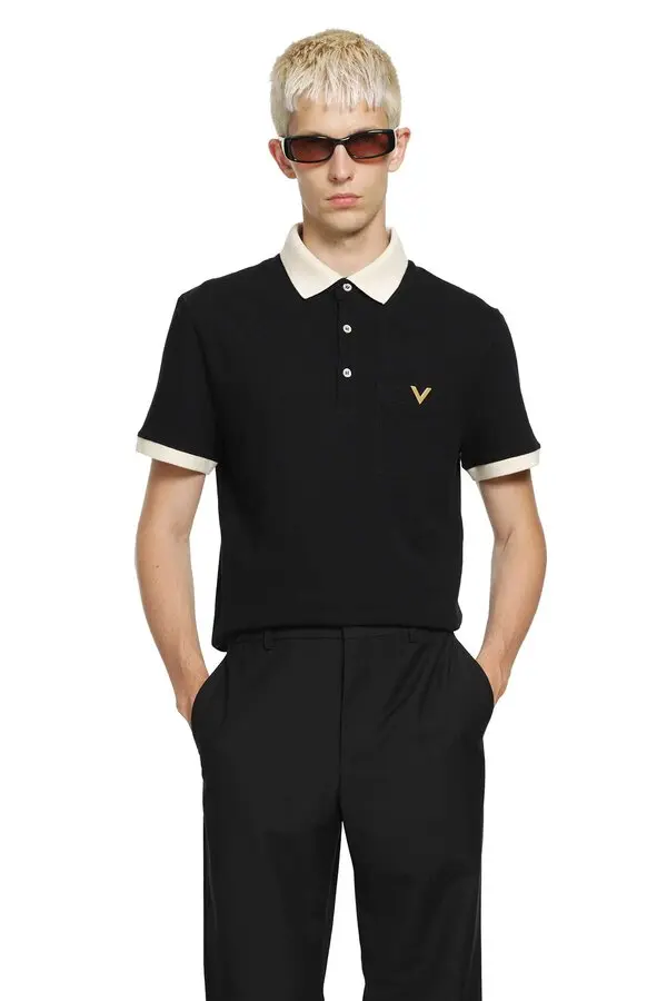 Valentino Garavani Polo Shirt With Vgold Logo - Black