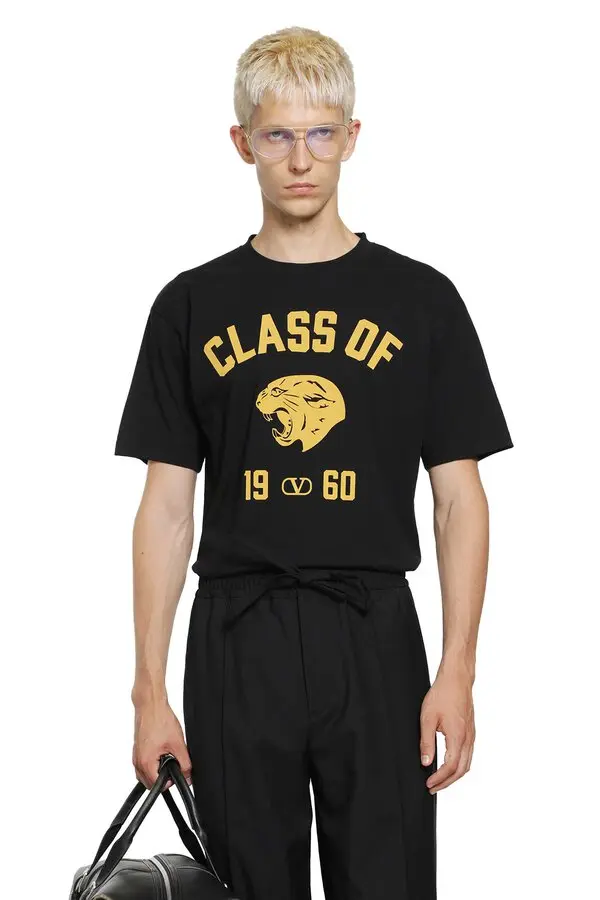 Valentino Garavani Cotton T-shirt With Panther Print - Black