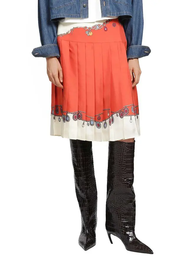 Versace Printed Twill Silk Midi Skirt - Orange