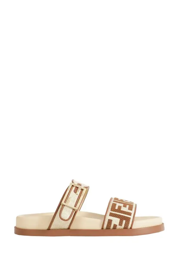 Fendi Ff Jacquard Raffia And Nappa Leather Feel Flat Sandals - Beige