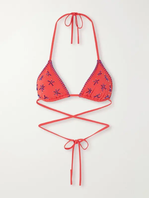 Staud Lido Beaded Triangle Bikini Top - Red