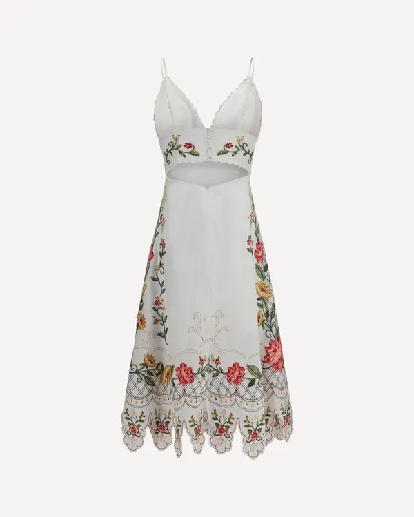 Farm Rio Embroidered Midi Dress With Asymmetrical Hem
