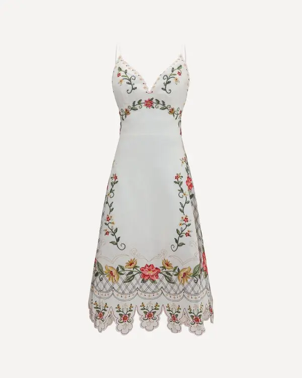 Farm Rio Embroidered Midi Dress With Asymmetrical Hem