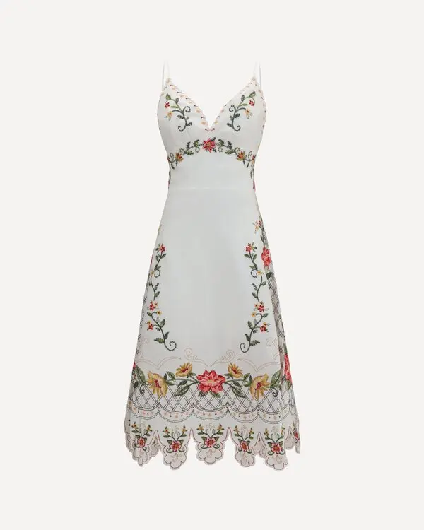 Farm Rio Embroidered Asymmetrical Hem Midi Dress
