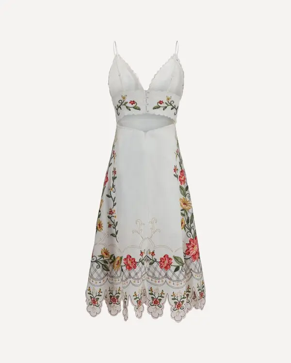 Farm Rio Embroidered Asymmetrical Hem Midi Dress