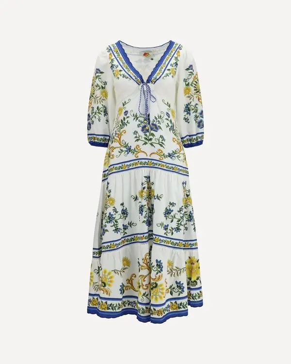 Farm Rio Emily Floral Print Tiered Midi Dress With V-neck And Drawstring - Multicolour