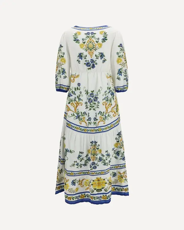 Farm Rio Emily Floral Print Tiered Midi Dress With V-neck And Drawstring