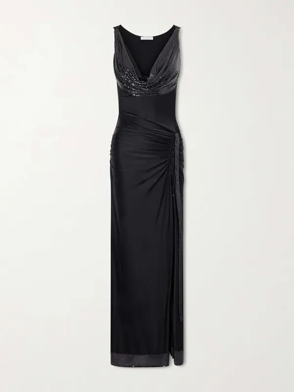 Rabanne Mesh-detailed Jersey-satin Maxi Dress - Black