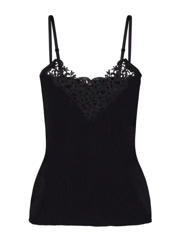 Saint Laurent Lace-trimmed Ribbed Silk Tank - Black