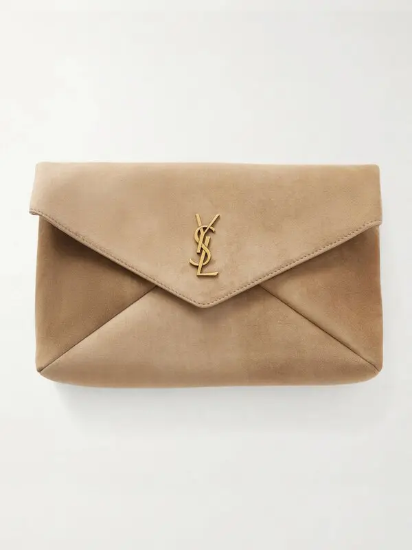 Saint Laurent Cassandre Suede Clutch - Brown
