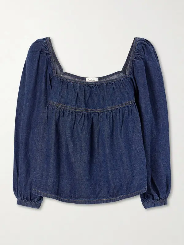 Saint Laurent Gathered Denim Blouse - Blue