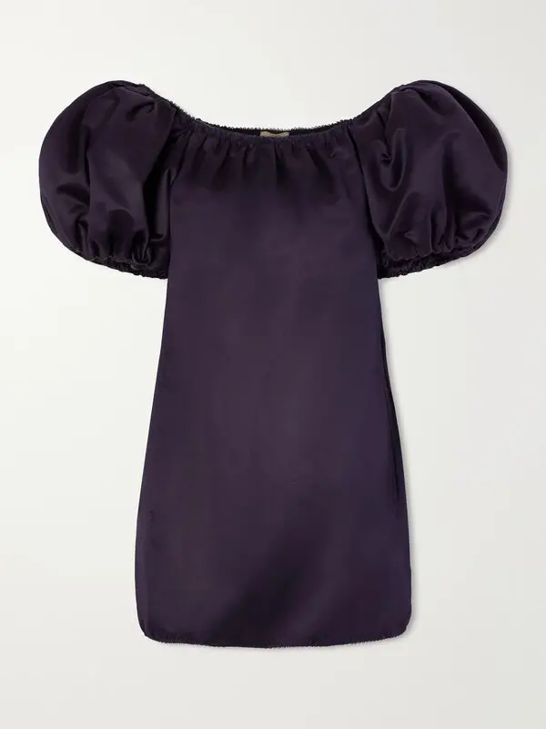 Saint Laurent Off-the-shoulder Gathered Cotton-satin Mini Dress - Blue